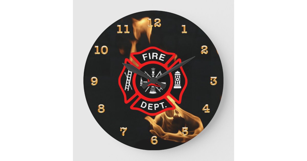 Fire Dept Flames Maltese Cross Firefighter Large Clock | Zazzle