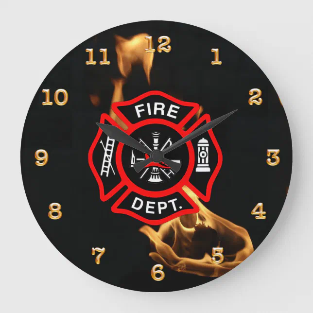 Fire Dept Flames Maltese Cross Firefighter Large Clock | Zazzle