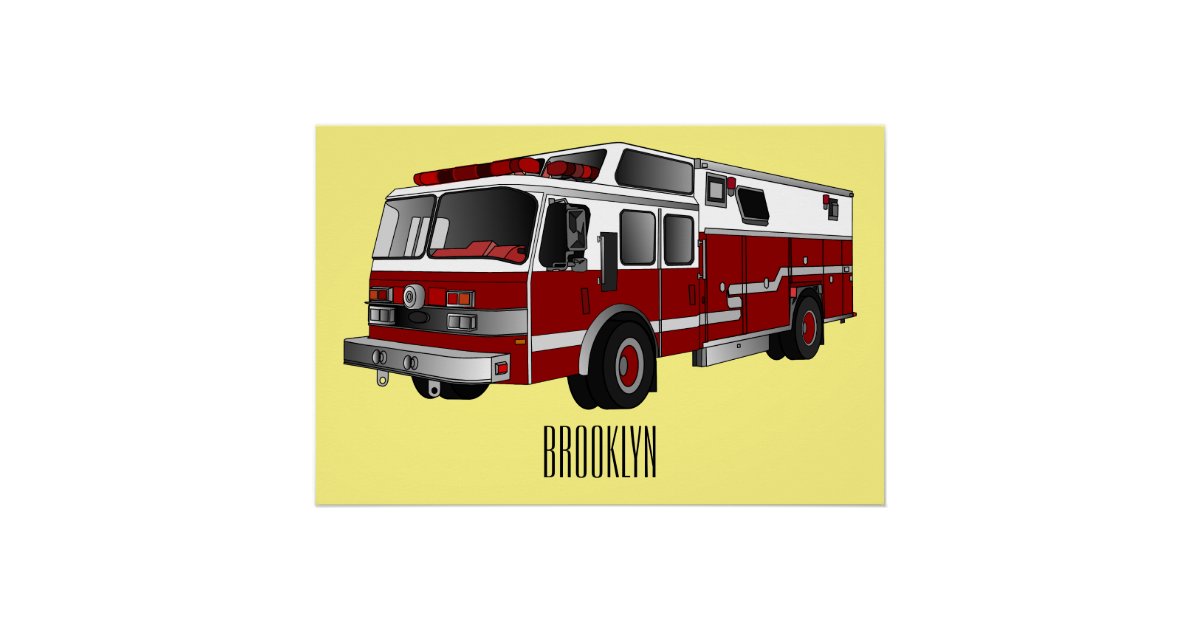 Fire engine cartoon illustration poster | Zazzle
