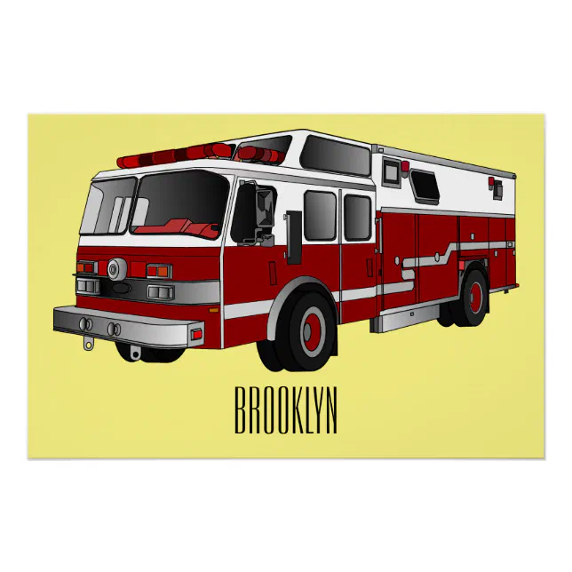Fire engine cartoon illustration poster | Zazzle