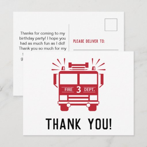 Fire Engine | Fire Truck Birthday Thank you Postcard | Zazzle