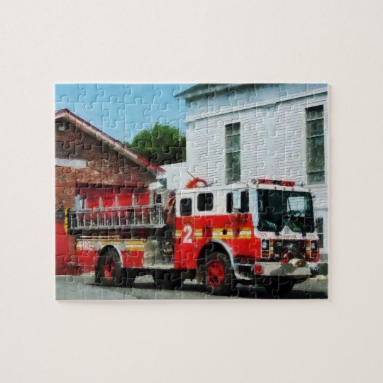 Fire Engine in Front of Fire Station Jigsaw Puzzle | Zazzle.com