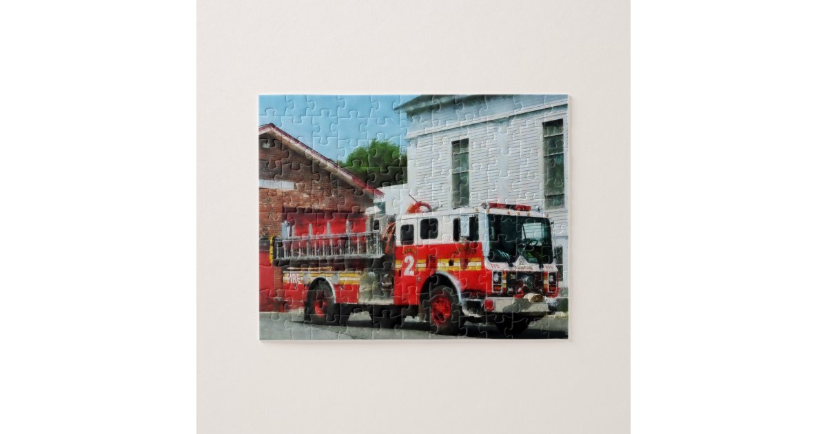 Fire Engine in Front of Fire Station Jigsaw Puzzle | Zazzle