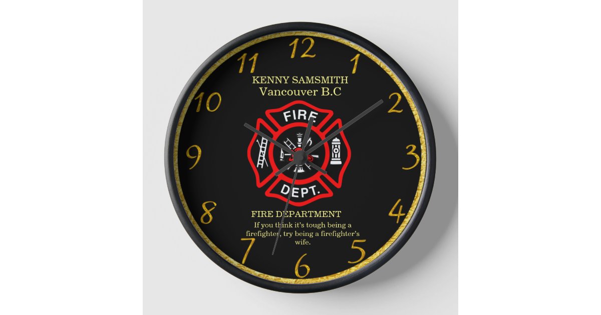 Fire Fighter's Black And Red Badge Clock | Zazzle
