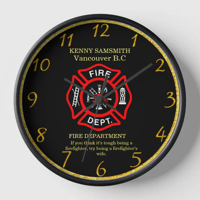 Fire Fighter's Black And Red Badge Clock | Zazzle