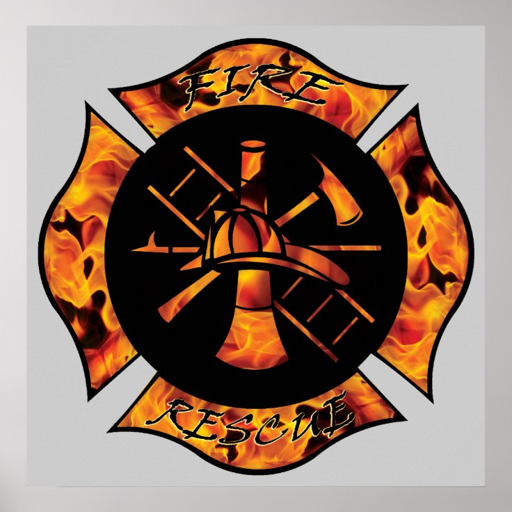 Fire Rescue Flaming Maltese Cross Poster | Zazzle