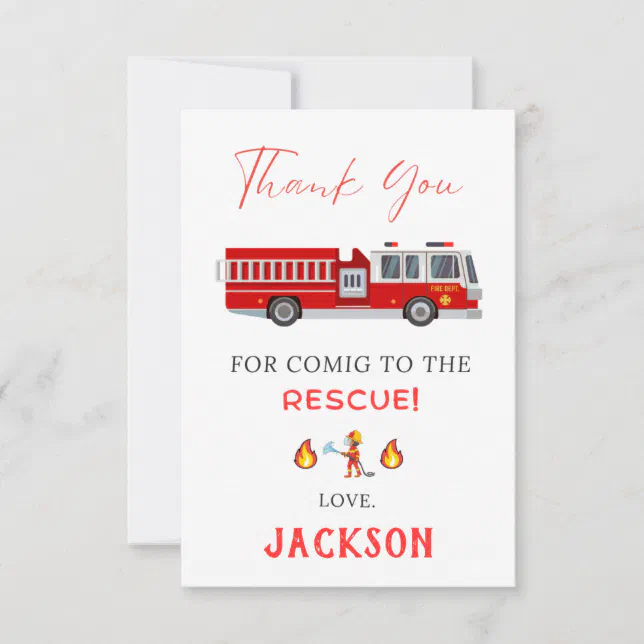 Fire truck Birthday Thank You Card | Zazzle