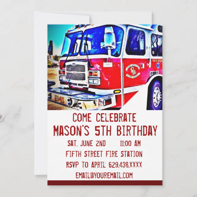 Fire Truck Engine Firefighter Birthday Invitations | Zazzle