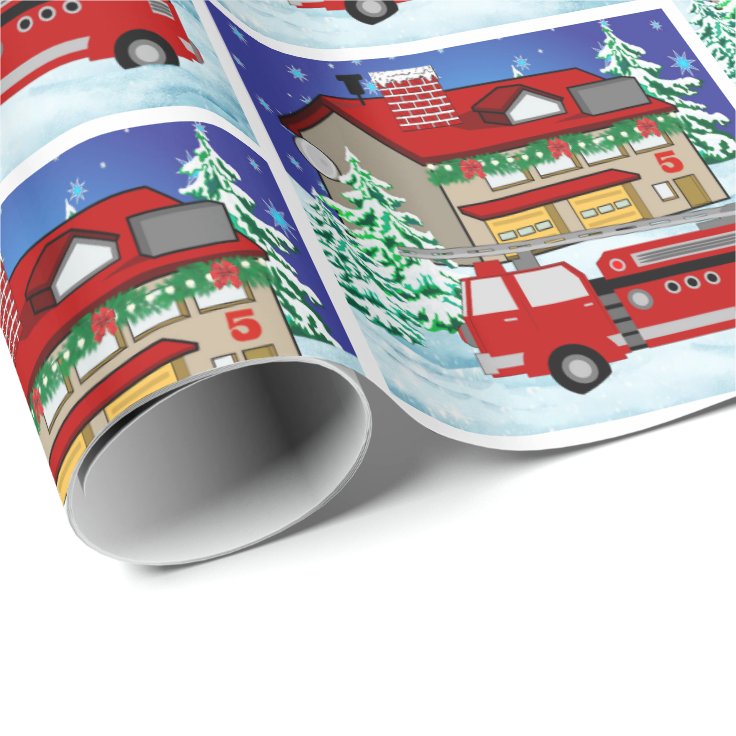 Fire Truck Fire Station Winter Scene Christmas Wrapping Paper | Zazzle