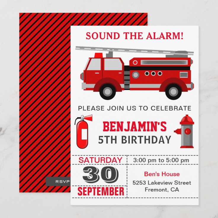 Fire Truck Firefighter Birthday Party Invitation | Zazzle