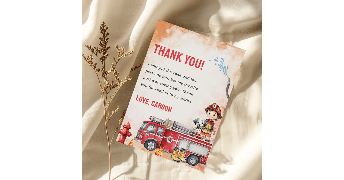 Fire Truck Firefighter Birthday Thank You Card | Zazzle