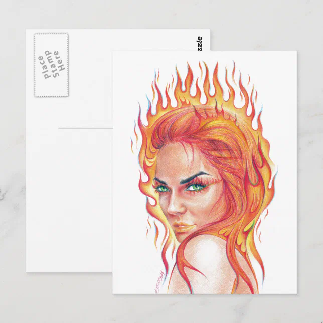 Fire Woman Surreal fantasy Portrait drawing art Postcard | Zazzle