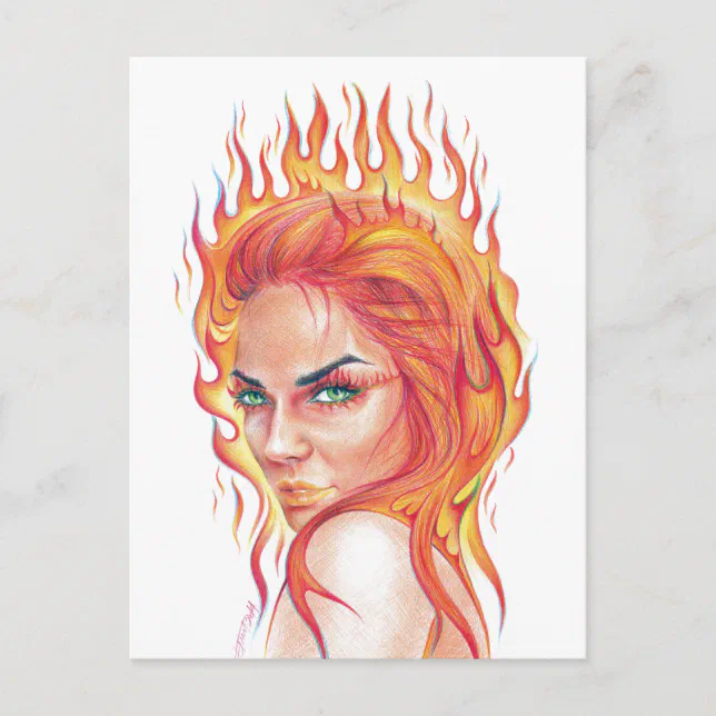 Fire Woman Surreal fantasy Portrait drawing art Postcard | Zazzle