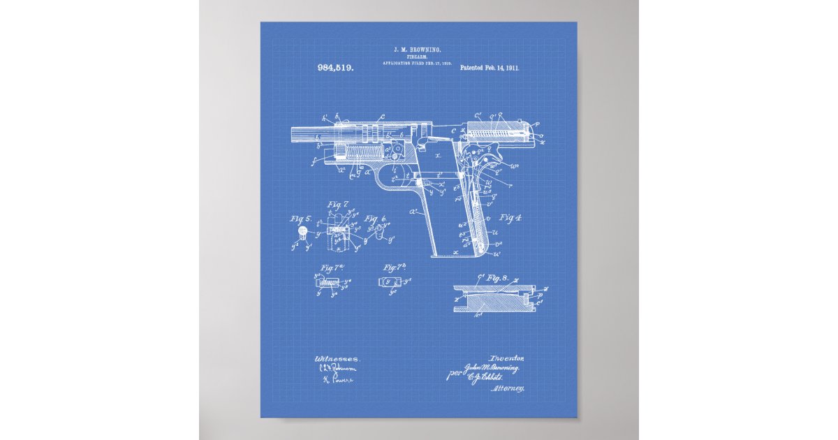 Firearm 1911 Patent Art Blueprint Poster | Zazzle