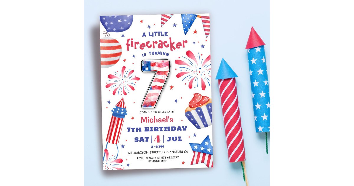 Firecracker 4th July 7th Birthday Patriotic Cute Invitation | Zazzle
