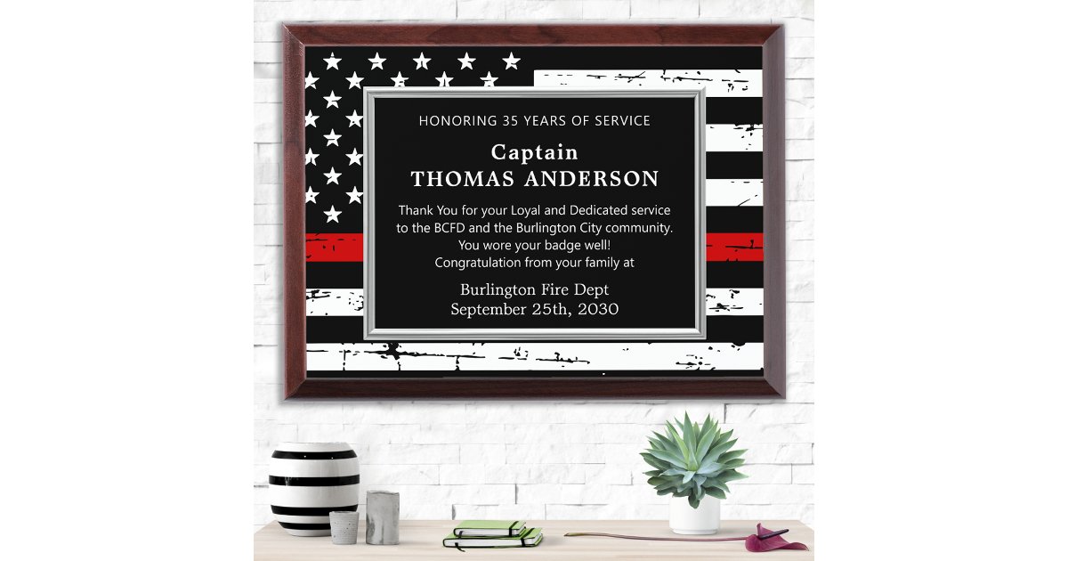 Firefight Retirement Custom Thin Red Line Service Award Plaque | Zazzle