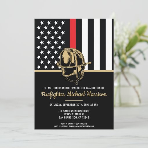 Firefighter Academy Graduation Red Flag Fireman Invitation | Zazzle