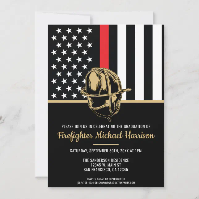 Firefighter Academy Graduation Red Flag Fireman Invitation | Zazzle