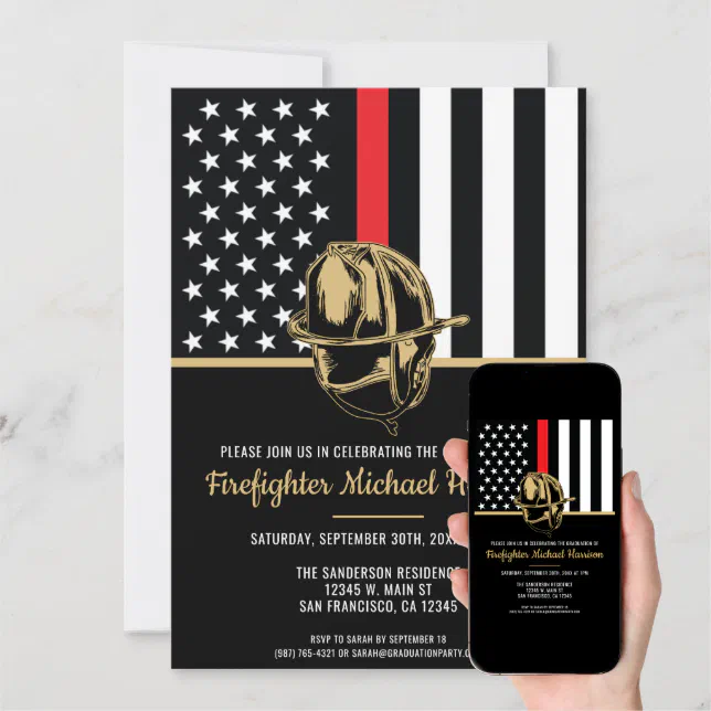Firefighter Academy Graduation Red Flag Fireman Invitation | Zazzle