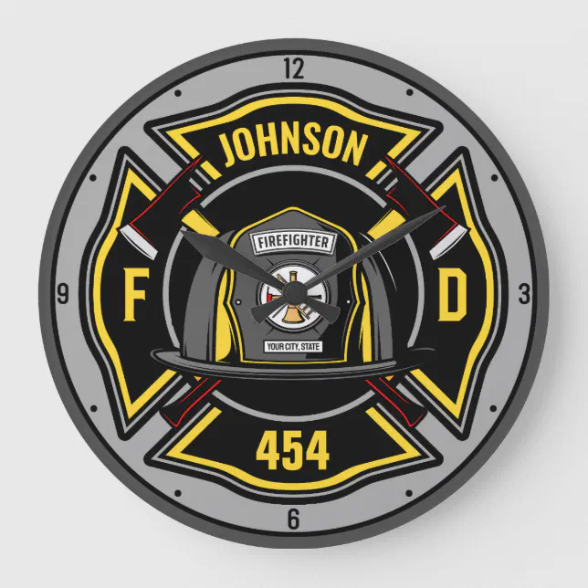 Firefighter ADD NAME Fire Department Rescue Team Large Clock | Zazzle