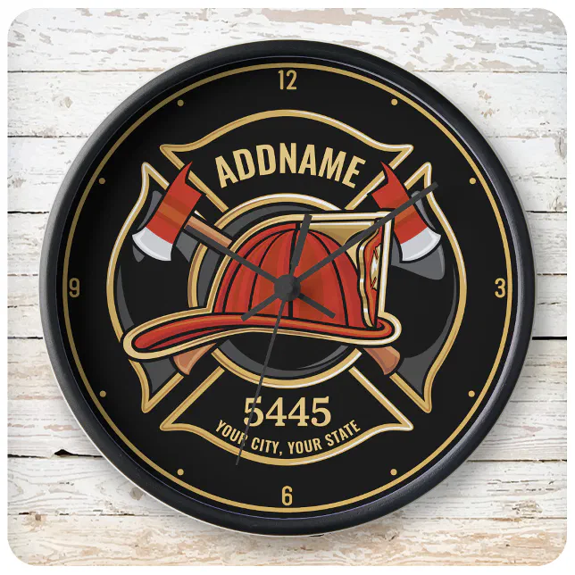 Firefighter ADD NAME Fire Station Department Badge Large Clock | Zazzle