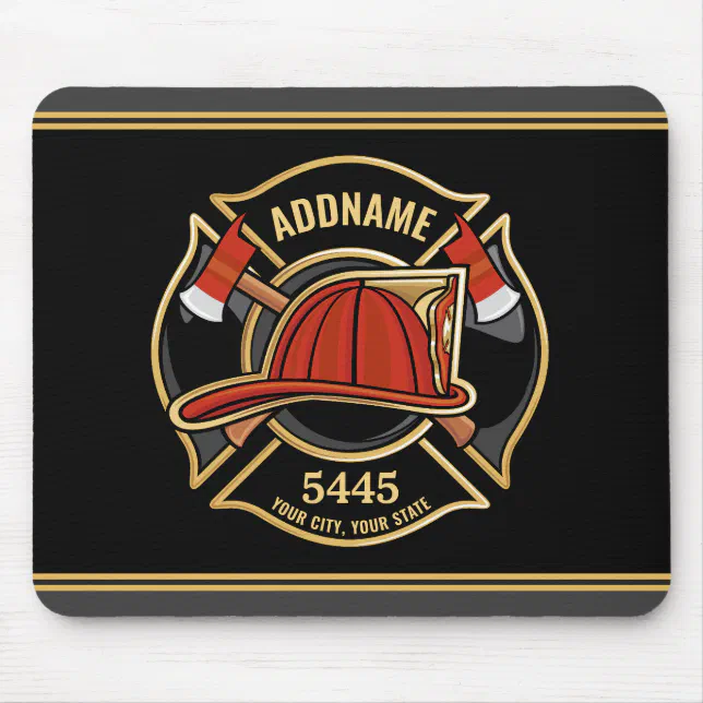 Firefighter ADD NAME Fire Station Department Badge Mouse Pad | Zazzle