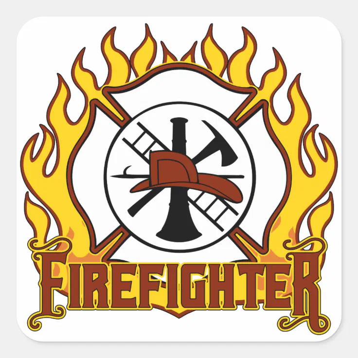 Firefighter Badge and Fire Square Sticker | Zazzle