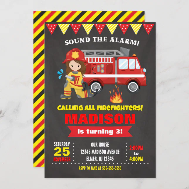 Firefighter Birthday Invitation Girl Chalkboard | Zazzle