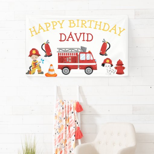 Firefighter Boy Birthday Party Fire Truck Banner | Zazzle