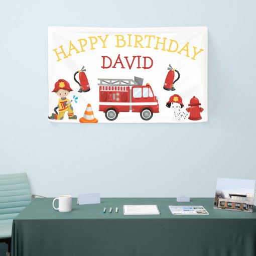Firefighter Boy Birthday Party Fire Truck Banner | Zazzle