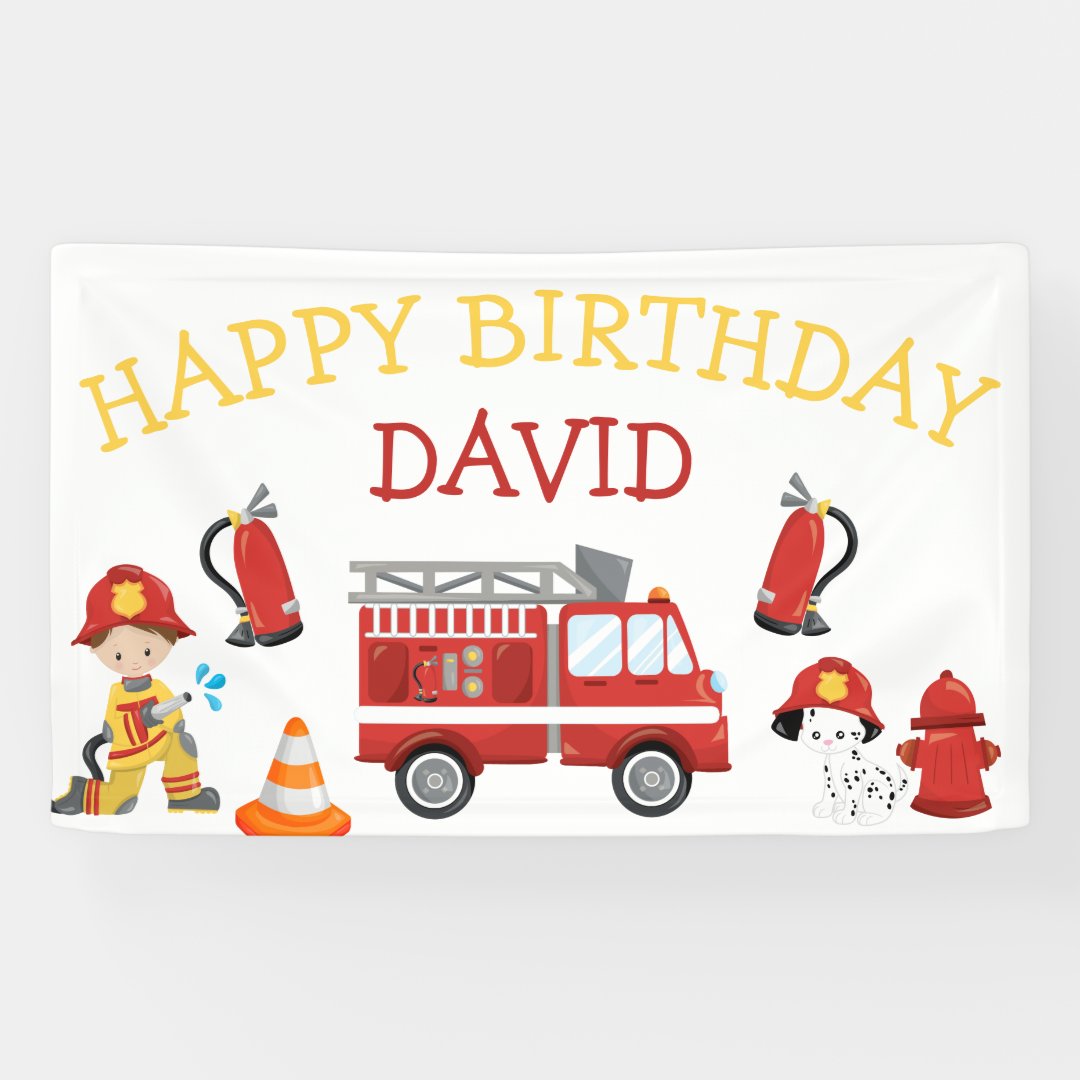 Firefighter Boy Birthday Party Fire Truck Banner | Zazzle