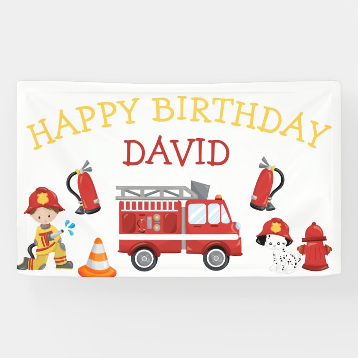 Firefighter Boy Birthday Party Fire Truck Banner | Zazzle