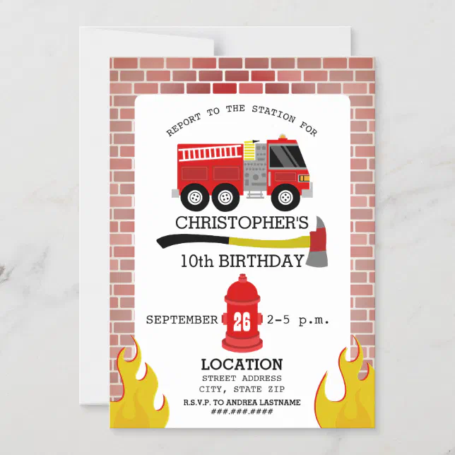 Firefighter Brick Flames Axe Hydrant Birthday Magnetic Invitation | Zazzle