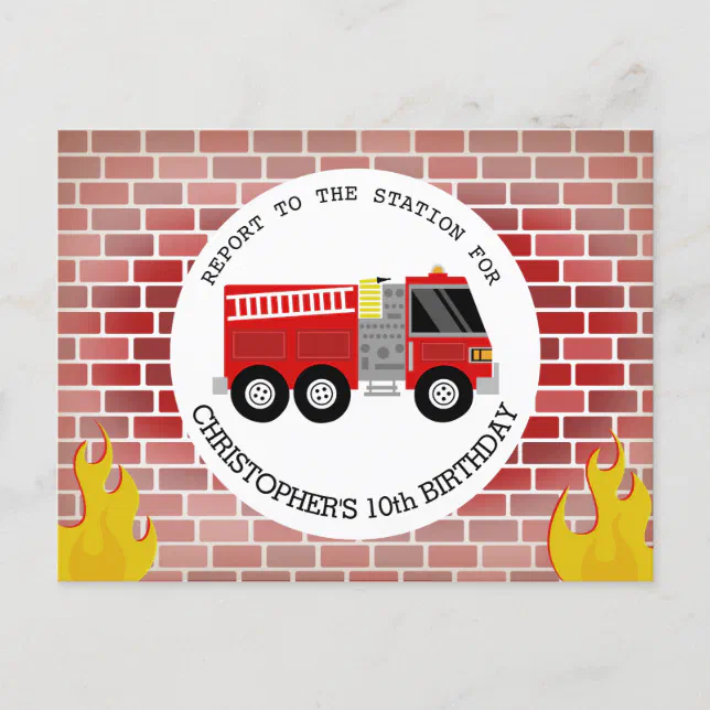 Firefighter Bricks Firetruck Flames Birthday Invitation Postcard | Zazzle