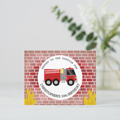 Firefighter Bricks Firetruck Flames Birthday Invitation Postcard | Zazzle