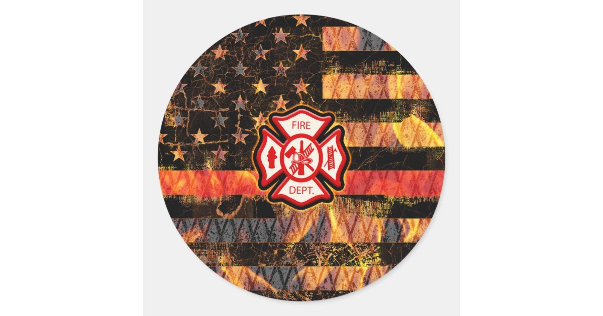 Firefighter Cross and Flames Classic Round Sticker | Zazzle