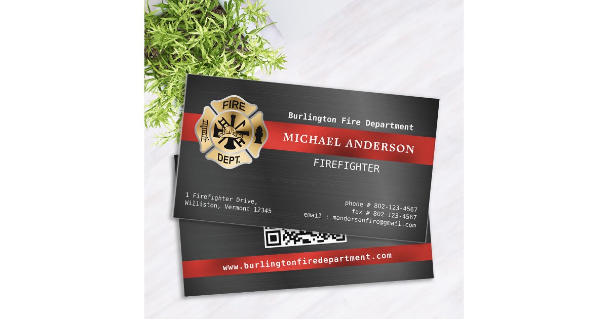 Firefighter Custom Fire Logo Metallic QR Code Business Card | Zazzle