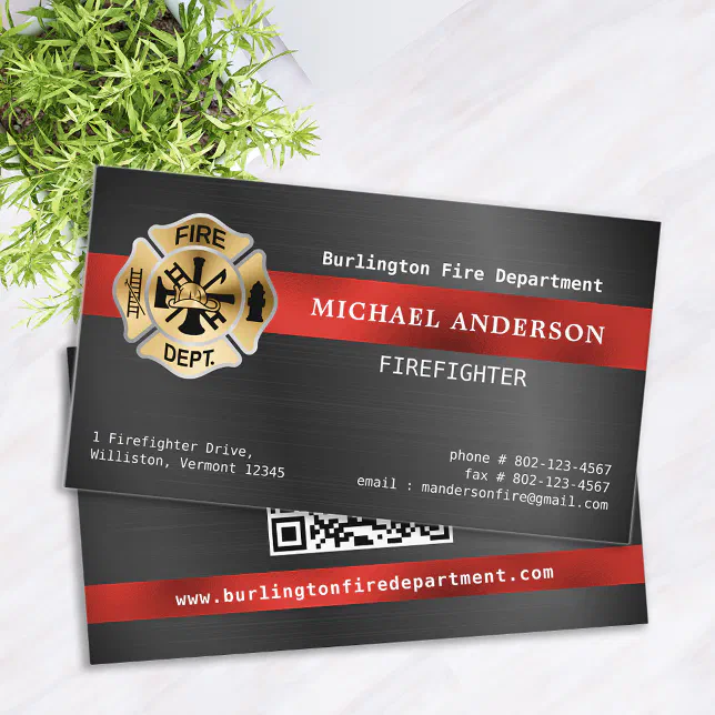 Firefighter Custom Fire Logo Metallic QR Code Business Card | Zazzle