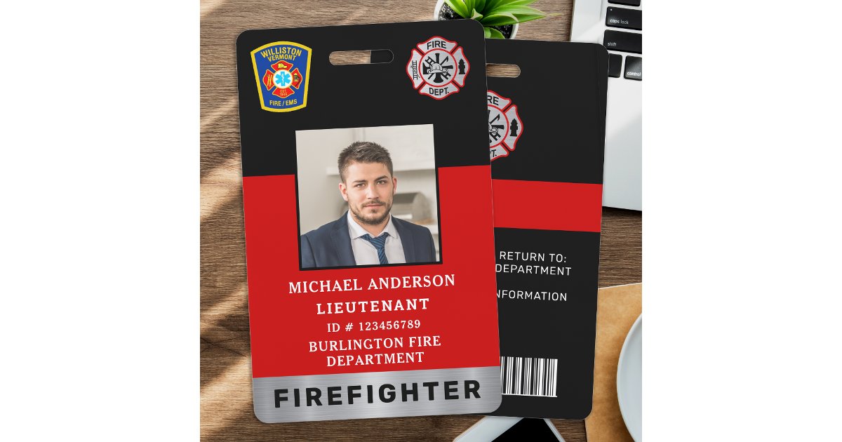 Firefighter Custom Logo Photo Professional ID Card Badge | Zazzle