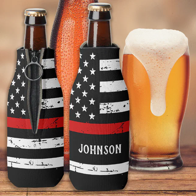 Firefighter Custom Name Thin Red Line Bottle Cooler | Zazzle