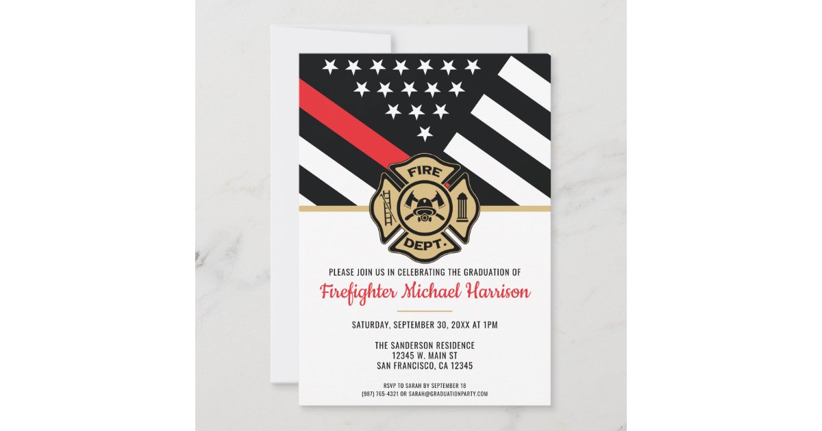 Firefighter Fire Academy Red Line Flag Graduation Invitation | Zazzle