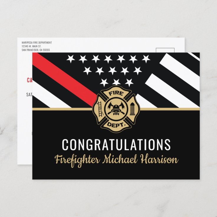 Firefighter Fire Academy Red Line Flag Graduation Invitation Postcard ...