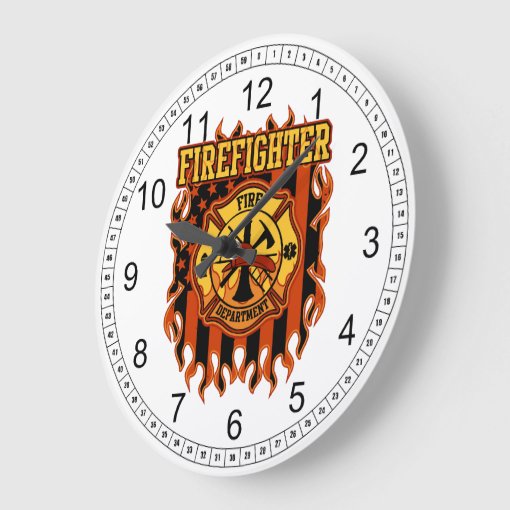 Firefighter Fire Department Badge and Flag Large Clock | Zazzle