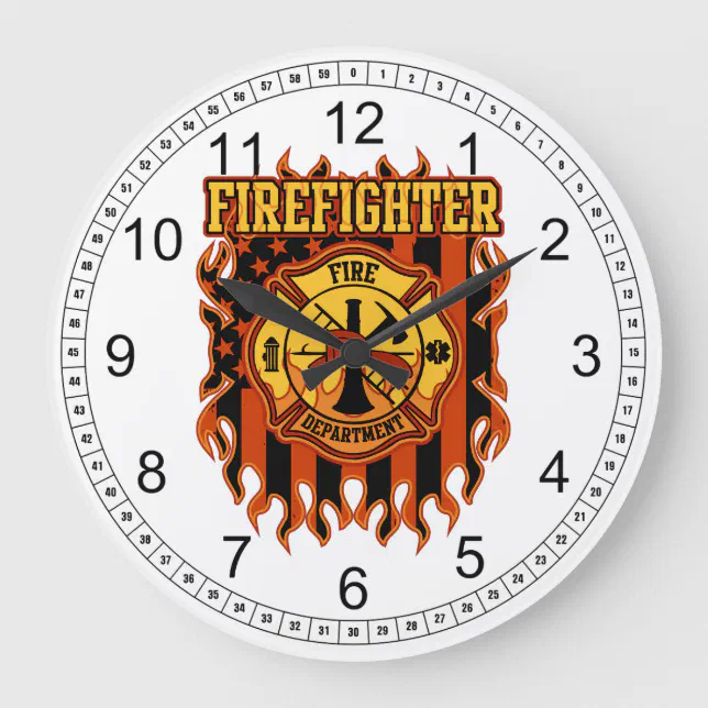Firefighter Fire Department Badge and Flag Large Clock | Zazzle