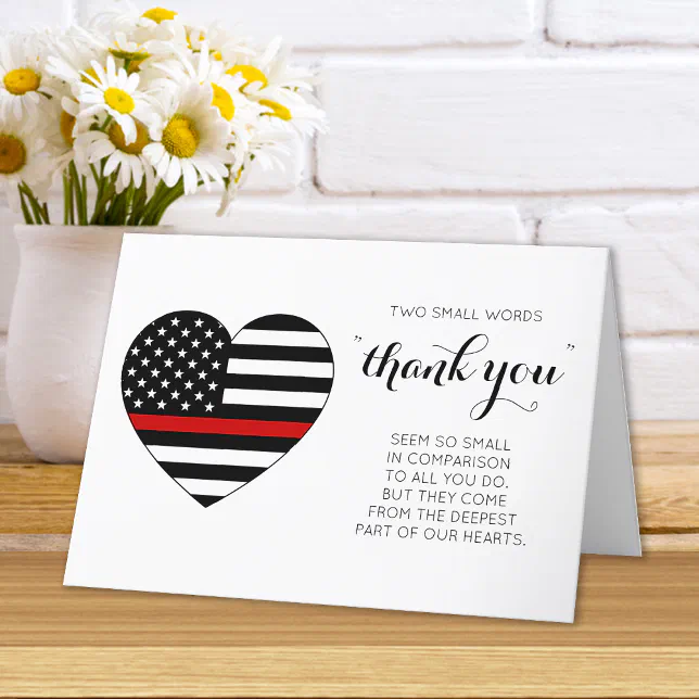 Firefighter Fire Department Heart Thin Red Line Thank You Card | Zazzle