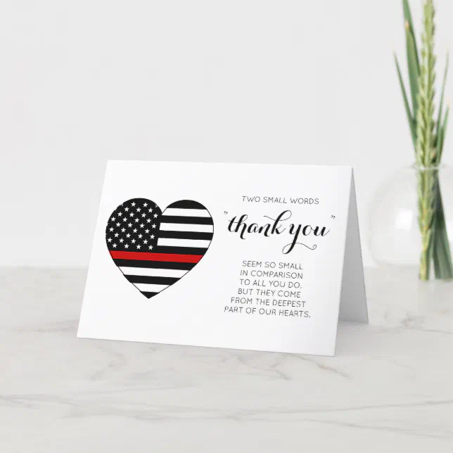 Firefighter Fire Department Heart Thin Red Line Thank You Card | Zazzle
