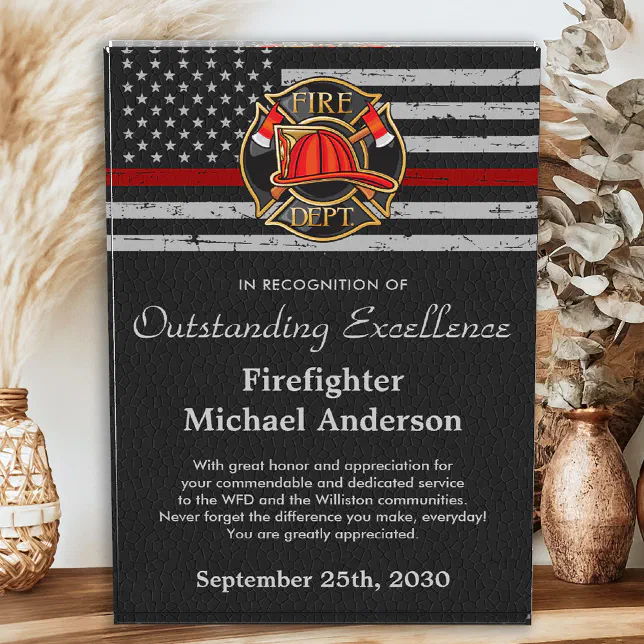 Firefighter Fire Dept Custom Logo Thin Red Line Acrylic Award | Zazzle