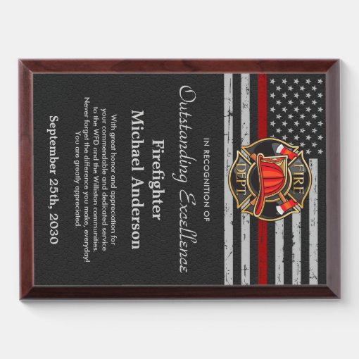 Firefighter Fire Dept Custom Logo Thin Red Line Award Plaque | Zazzle