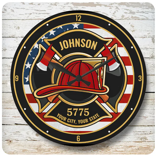 Firefighter Fire Rescue Department USA Flag Custom Large Clock | Zazzle