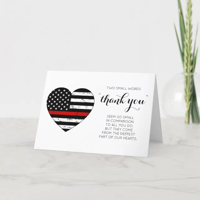 Firefighter Fire Station Thin Red Line Flag Heart Thank You Card | Zazzle